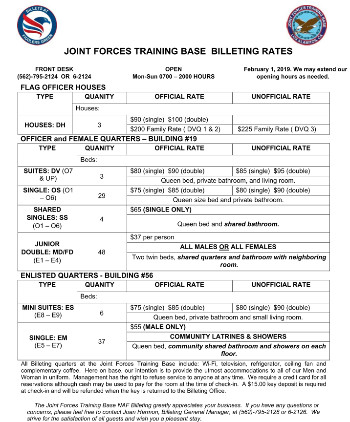Billeting – Joint Forces Training Base NAF-MWR